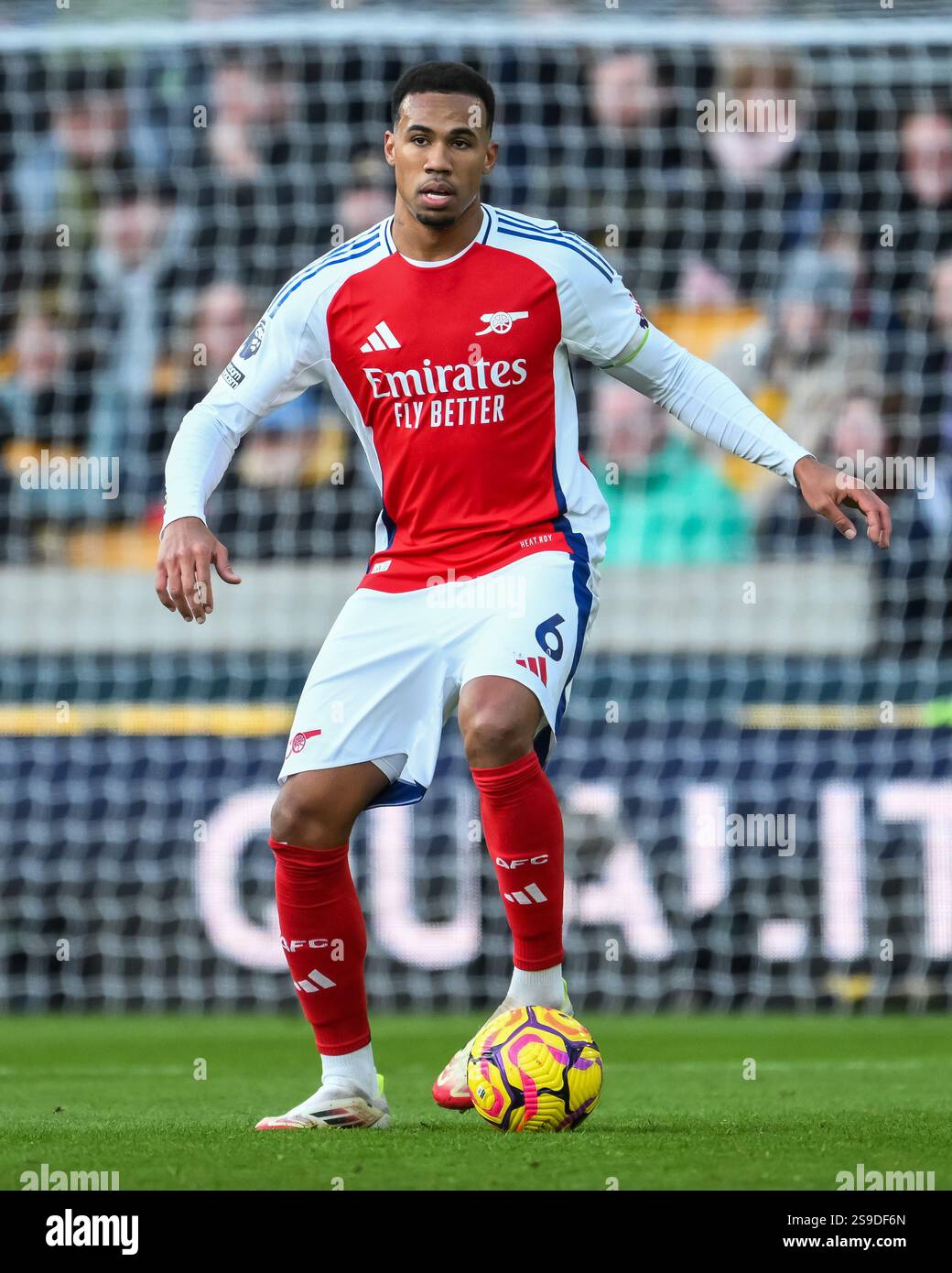Gabriel of Arsenal controls the ball during the Premier League match ...