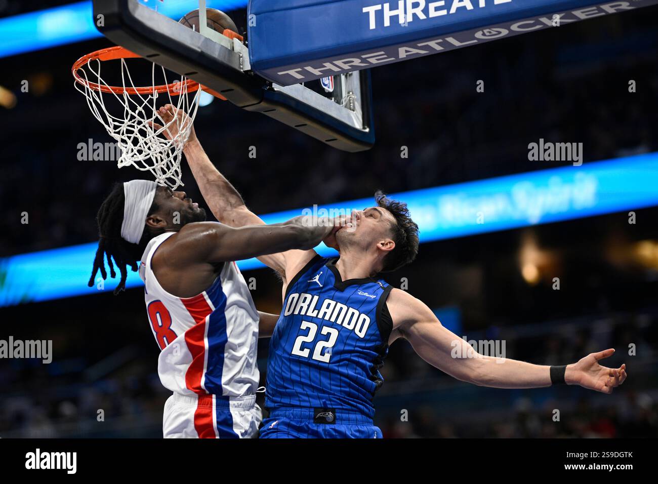 Orlando Magic forward Franz Wagner (22) is fouled by Detroit Pistons ...
