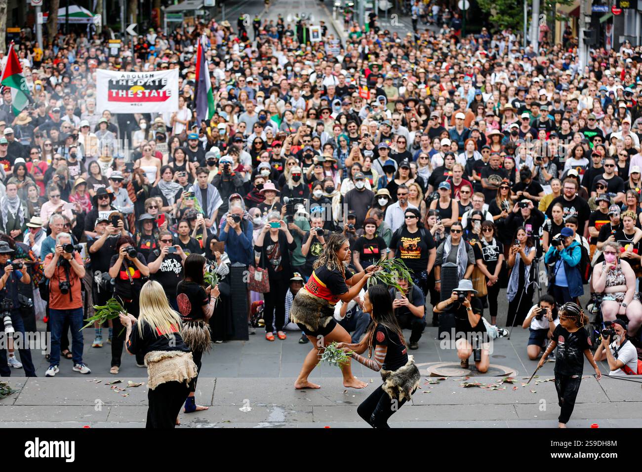 Indigenous women dance outside Parliament of Victoria during the annual ...