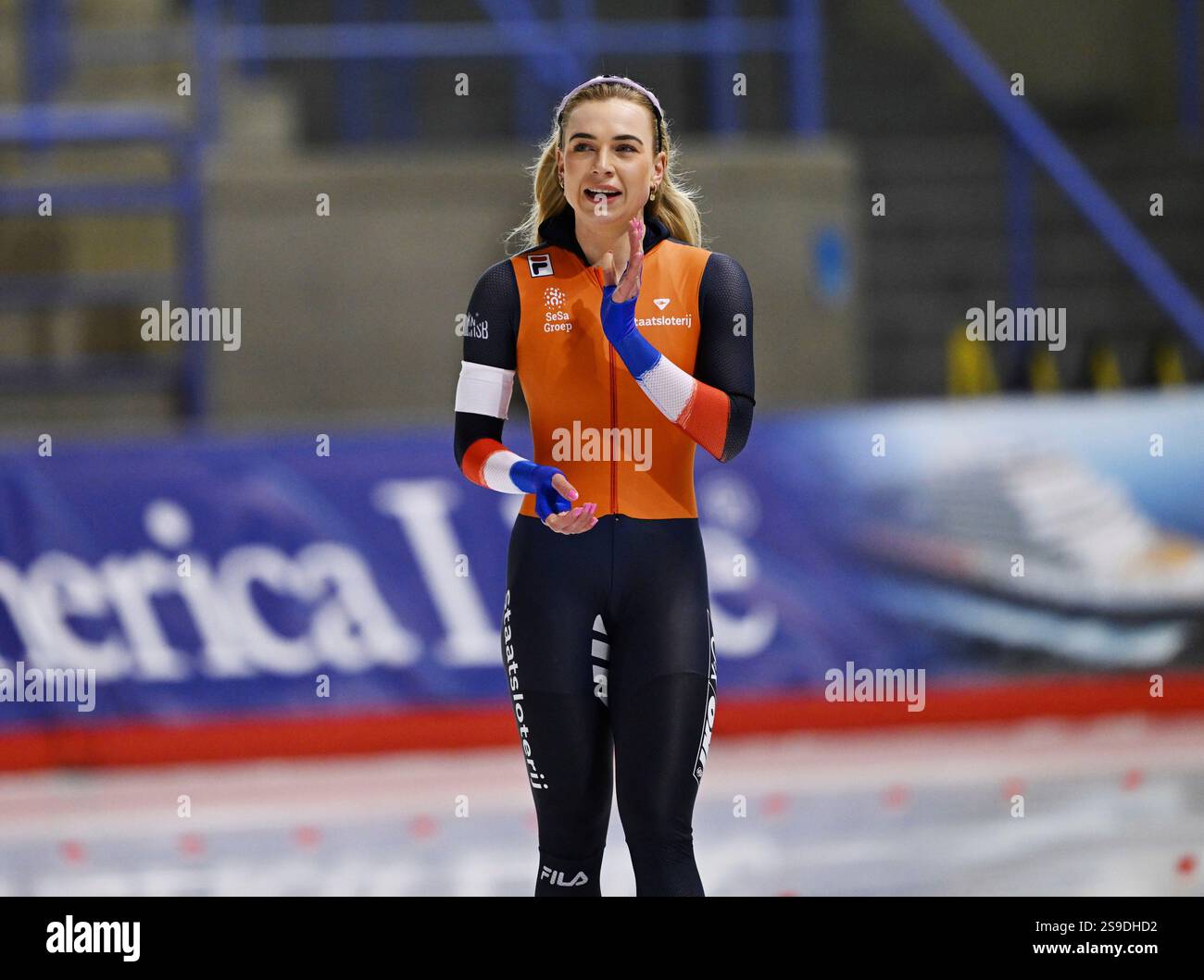 Joy Beune of Netherlands reacts during women's 1500m in ISU World Cup ...