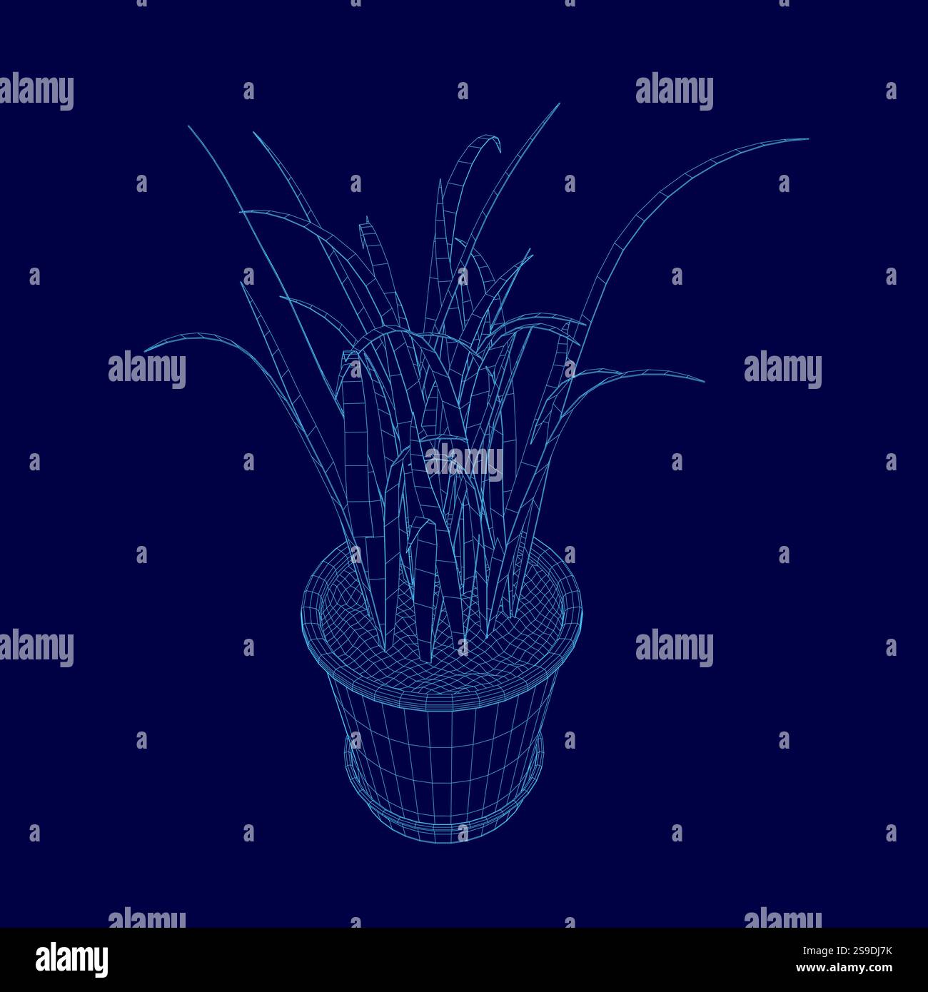 Blue image of a plant in a pot. The plant is shown in a 3D format, with ...