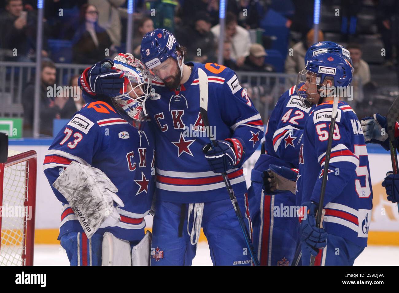 Artemy Pleshkov (73), Andrei Pedan (3), Grigory Kuzmin (59) of SKA Hockey Club seen in action ...