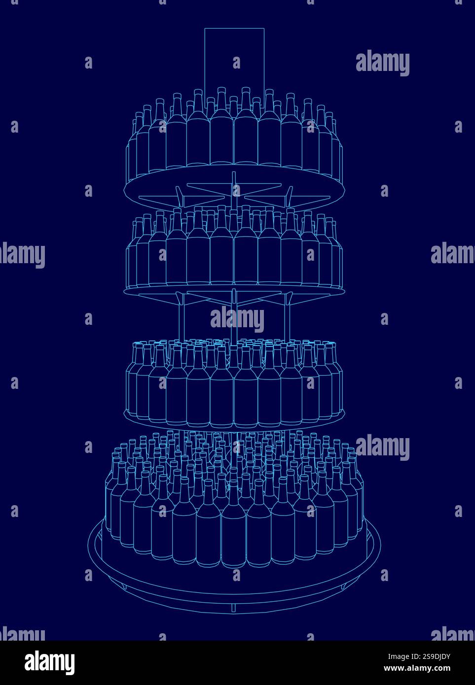 The image is a blue drawing of a tall stack of wine bottles. The ...