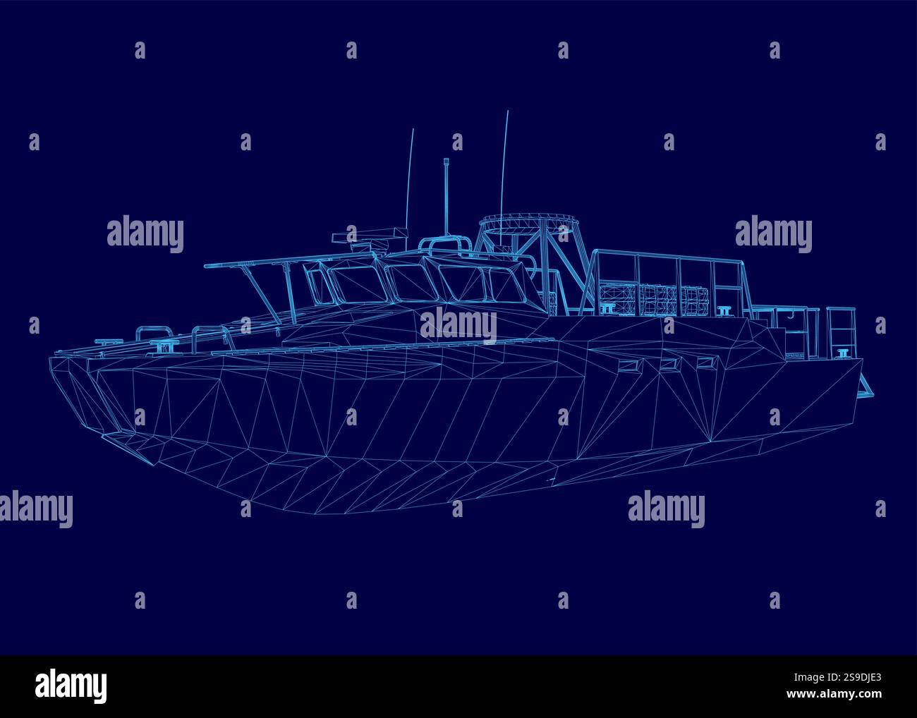 Blue drawing of a boat with a blue background. The boat is shown in a ...
