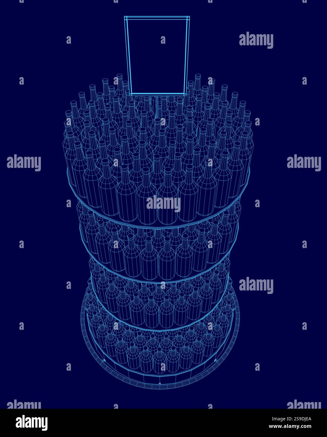 The image is a blue drawing of a tall stack of wine bottles. The ...