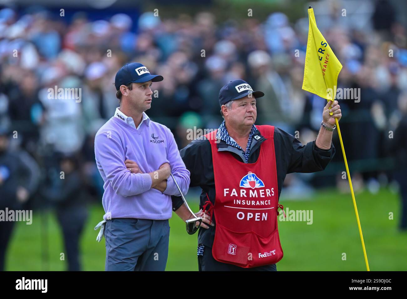January 25, 2025: Harris English and his caddy look on the 18th hole ...