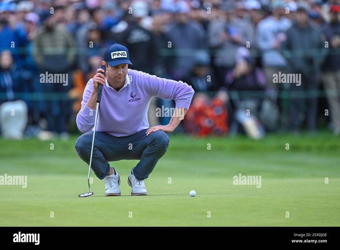 January 25, 2025: Harris English lines up a putt on the 18th hole ...