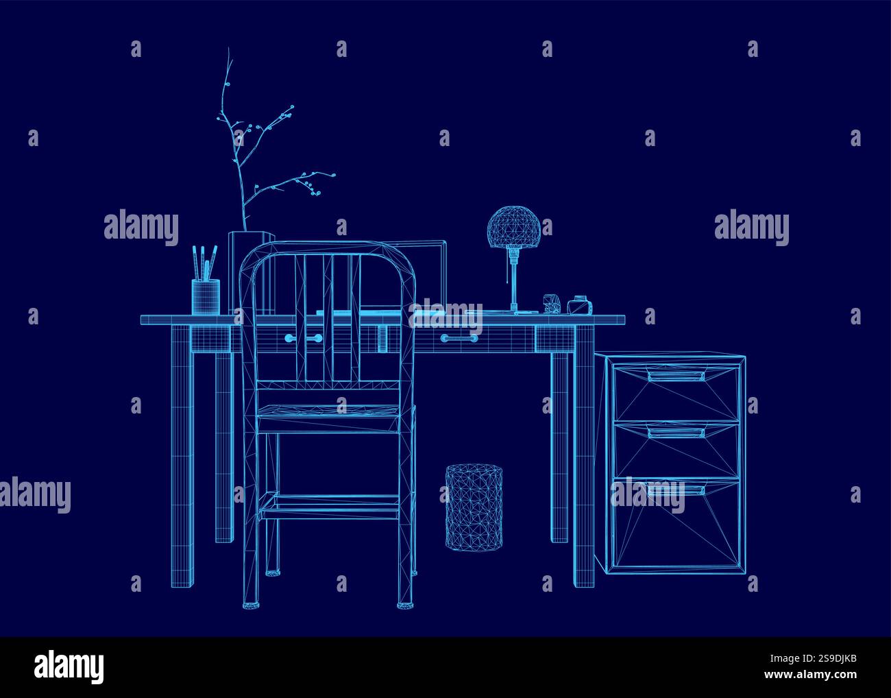 The image is a blue drawing of a desk with a chair and a computer. The ...