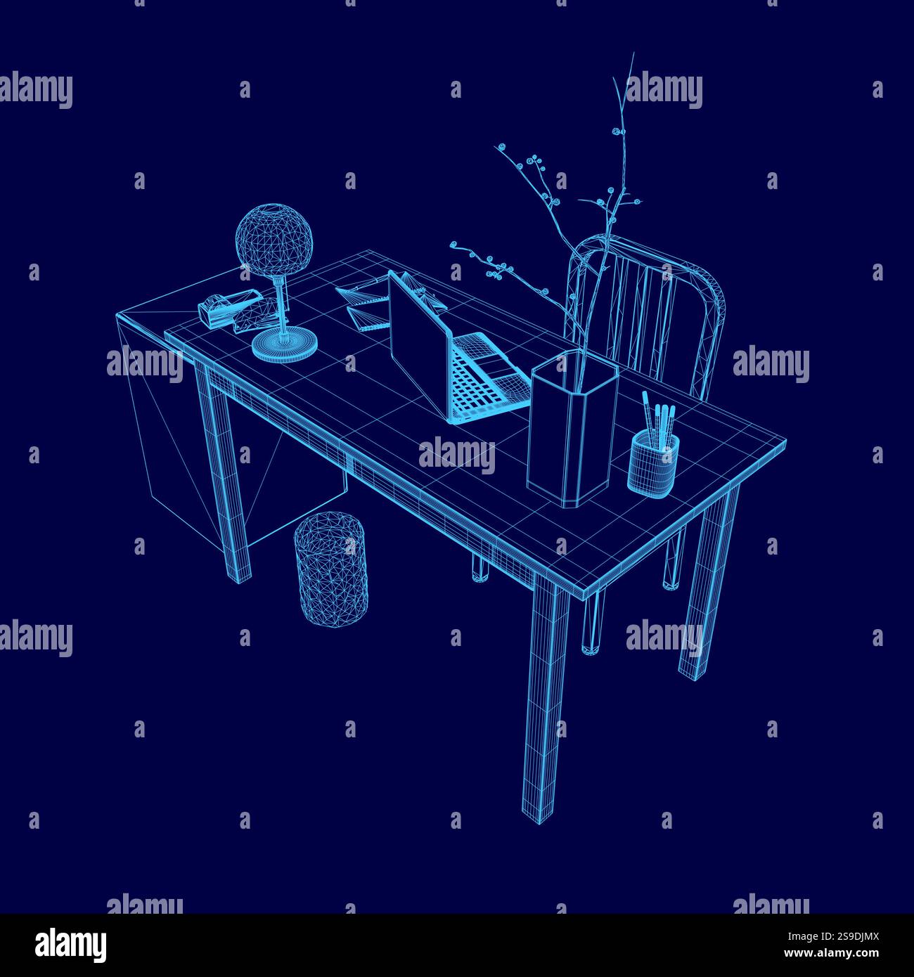 Blue computer desk with a laptop, a vase, a bowl, a cup, a book, a ...