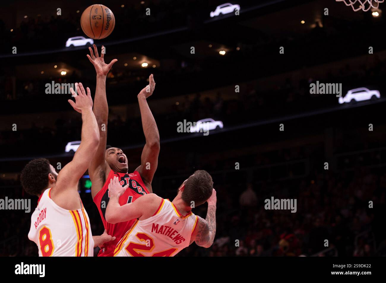 Toronto Raptors forward Scottie Barnes (4) shoots the ball over Atlanta ...