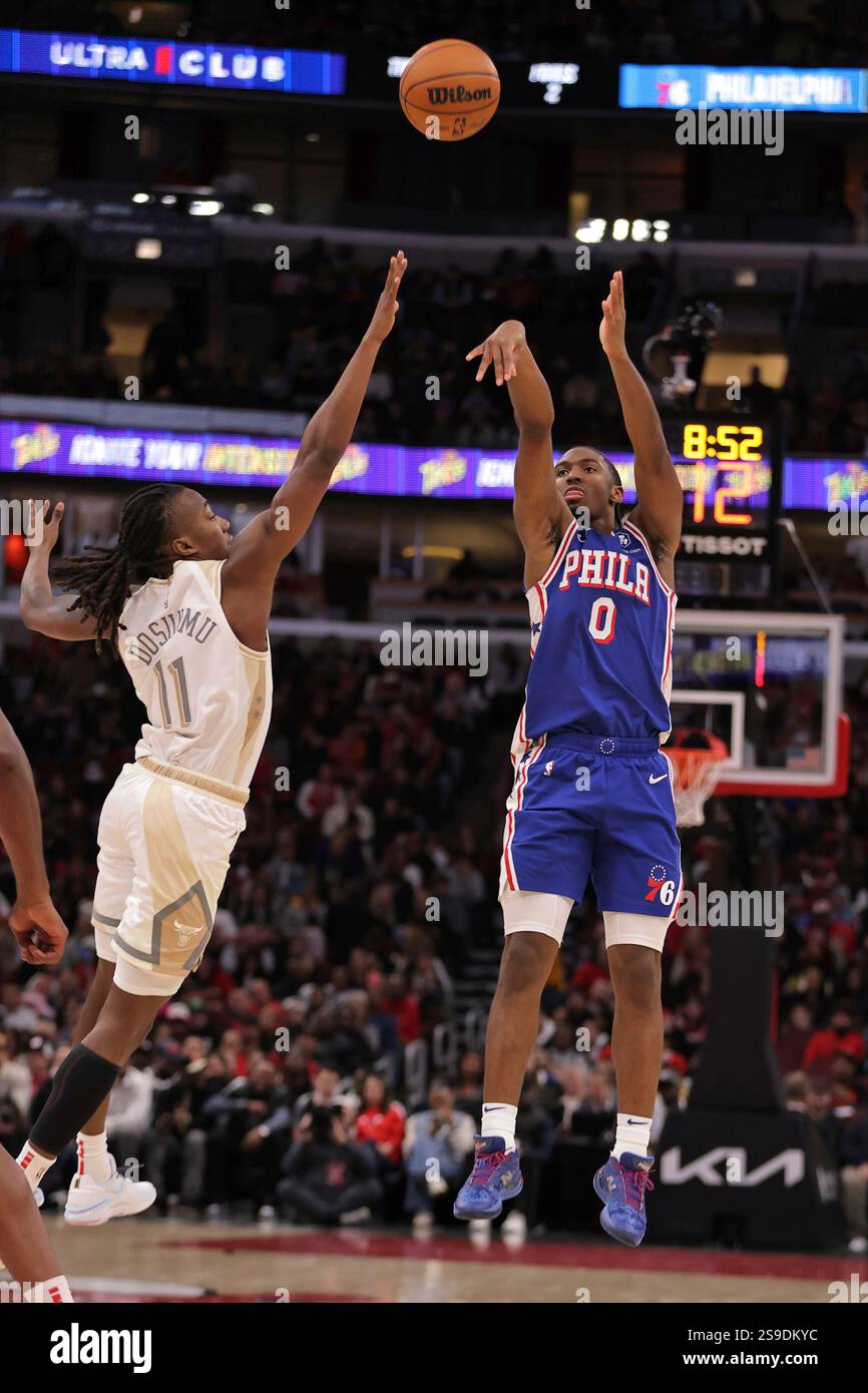 Philadelphia 76ers guard Tyrese Maxey (0) shoots a 3-point basket over ...