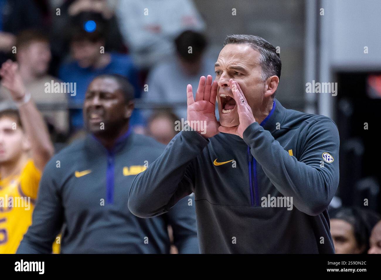 LSU head coach Matt McMahon yells to his players during the first half ...