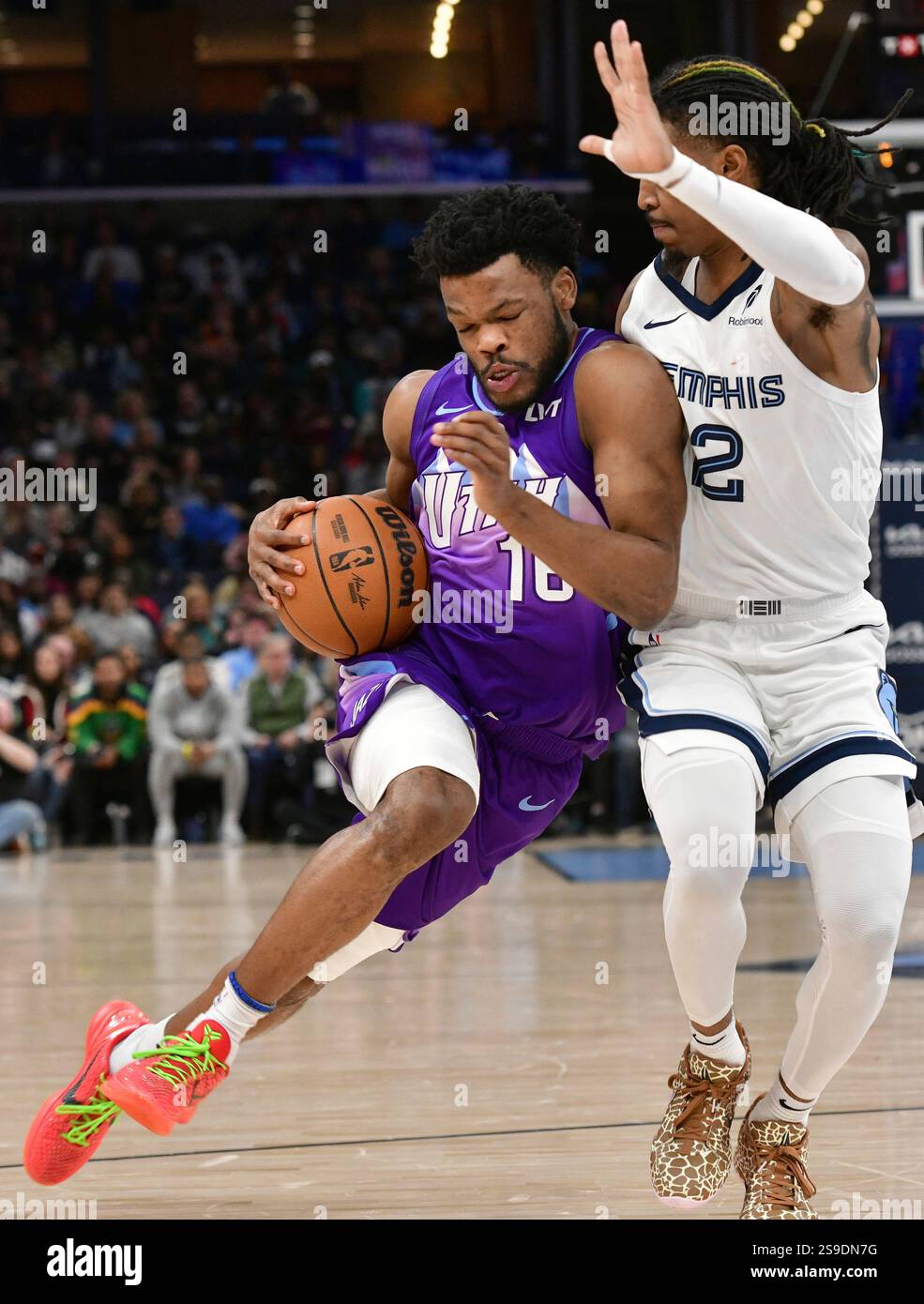 Utah Jazz guard Elijah Harkless (16) handles the ball against Memphis ...