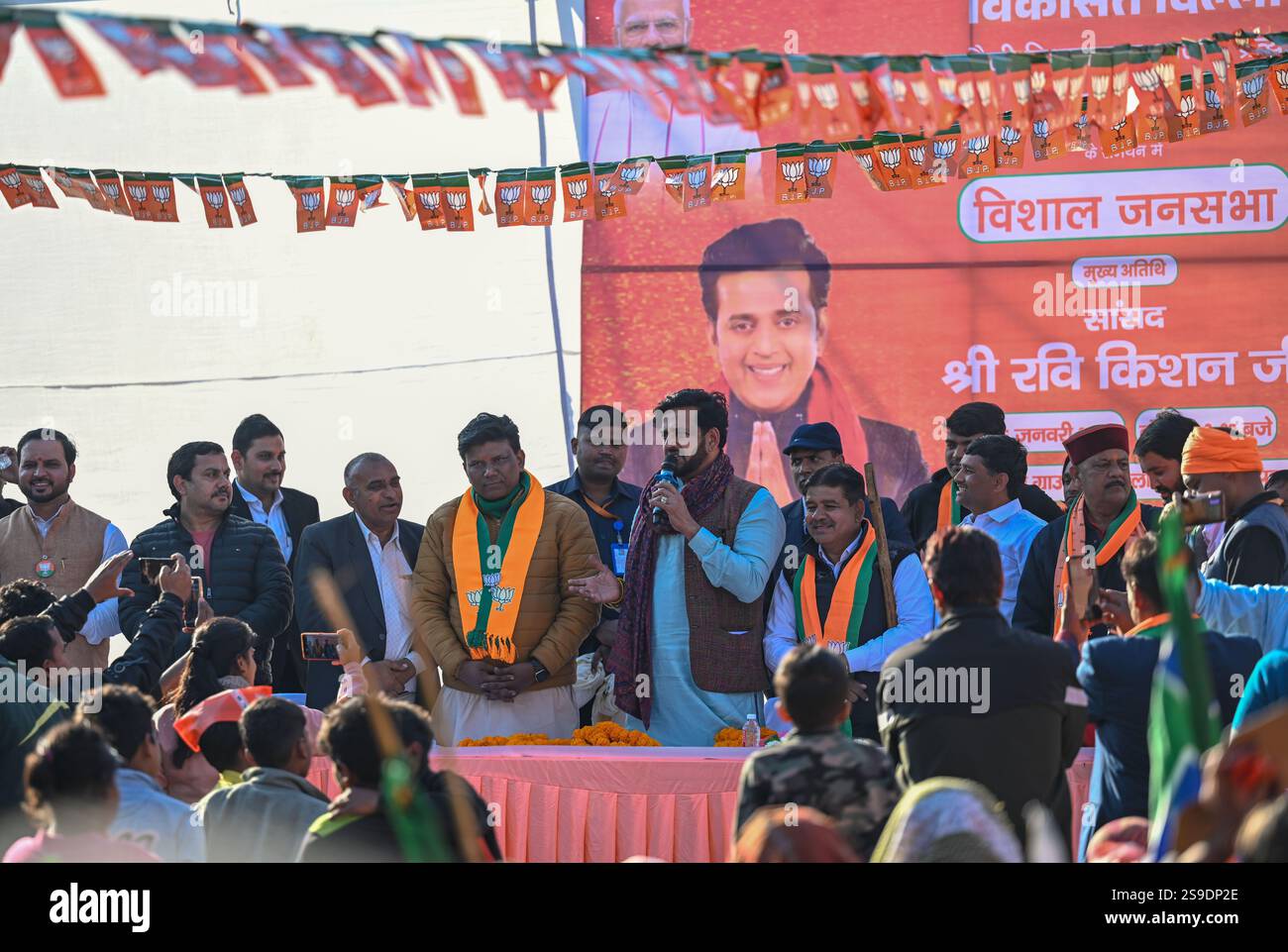 NEW DELHI, INDIA - JANUARY 25: BJP MP Ravi Kishan addresses an election ...