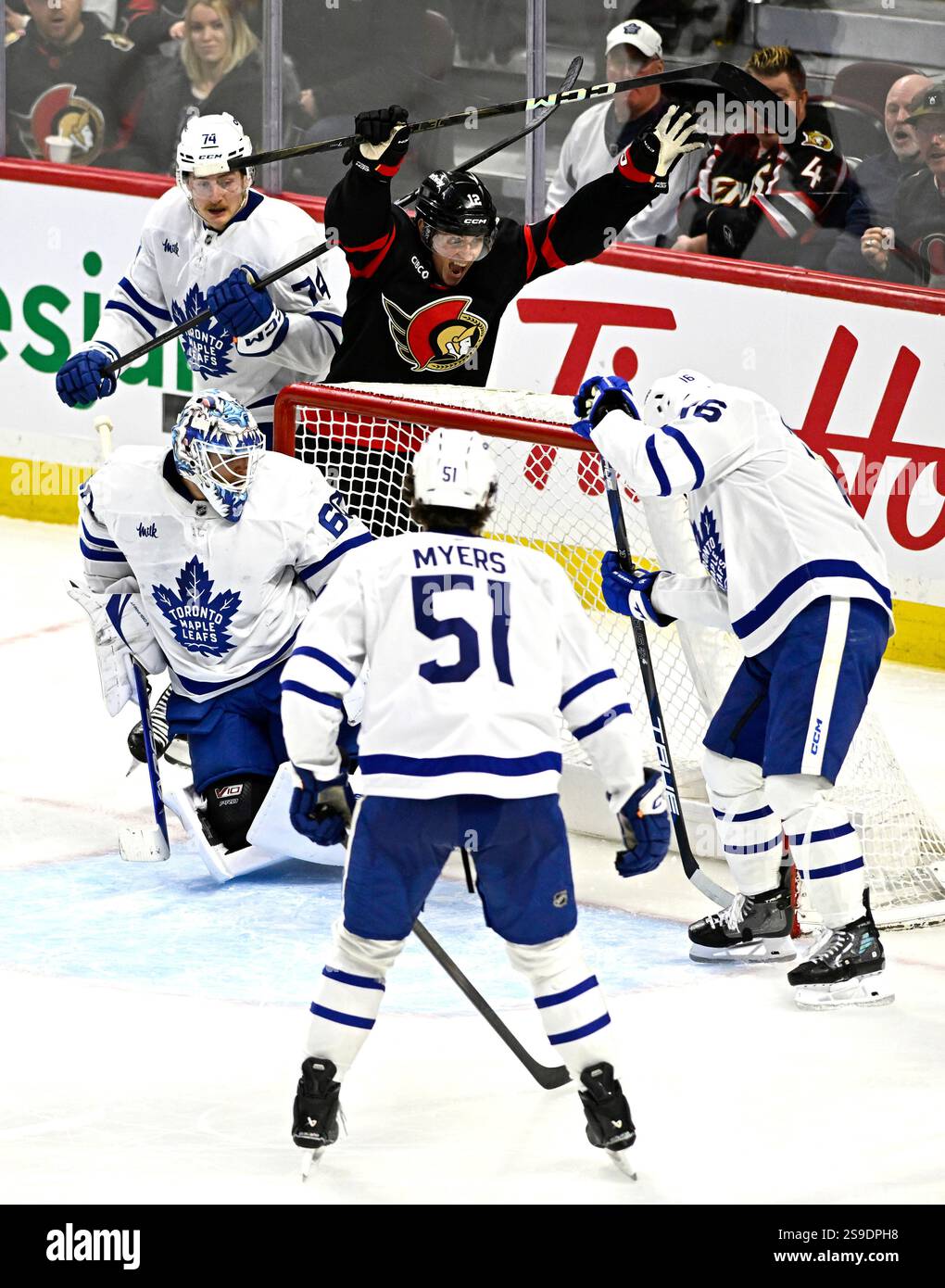 Ottawa Senators' Shane Pinto celebrates his goal on Toronto Maple Leafs ...