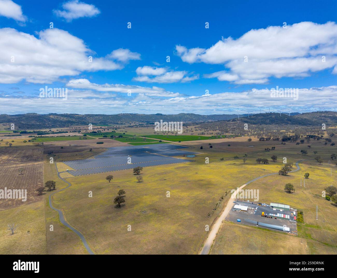 Aerial view of the White Rocks Solar Farm and Wind Farm and the ...