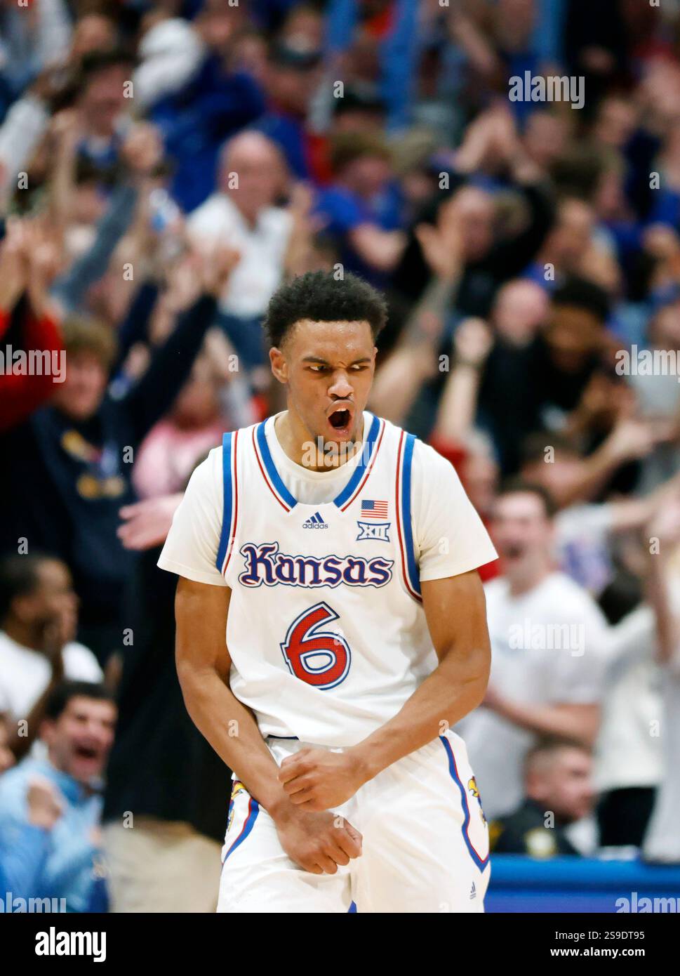 Kansas guard Rylan Griffen reacts after hitting a 3-point basket in ...