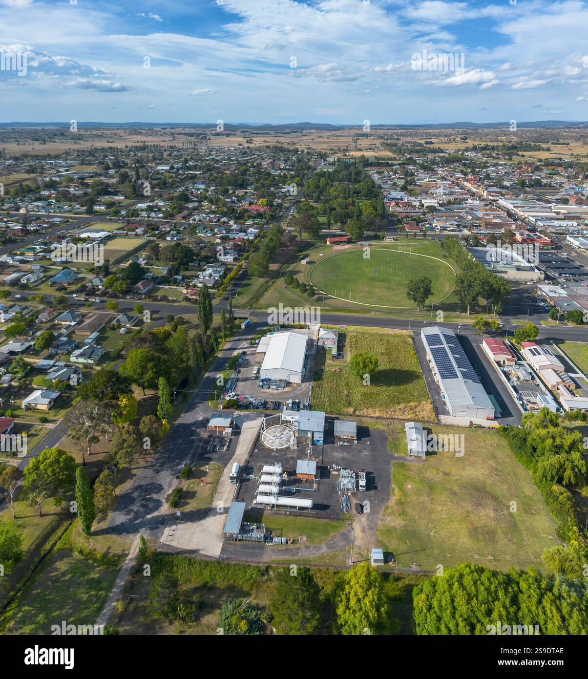 Aerial view of the town showing the Gasworks and cricket pitch in the foreground. Glen Innes ...