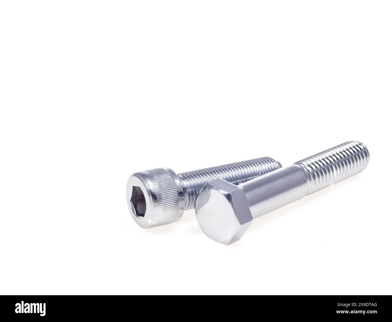Close-up view of two metallic bolts, one featuring a hex head and the ...