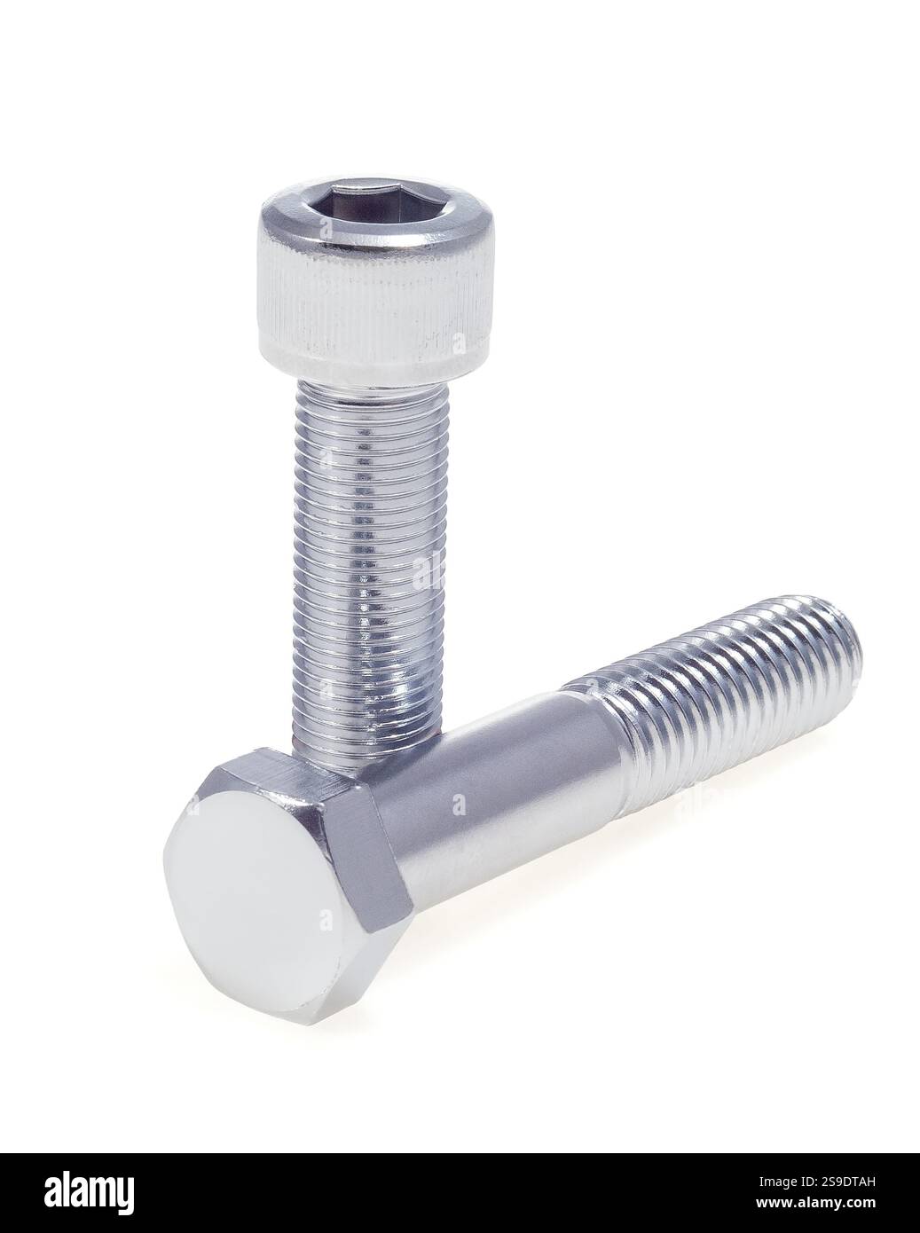 Two metallic bolts, positioned upright on a plain white background ...