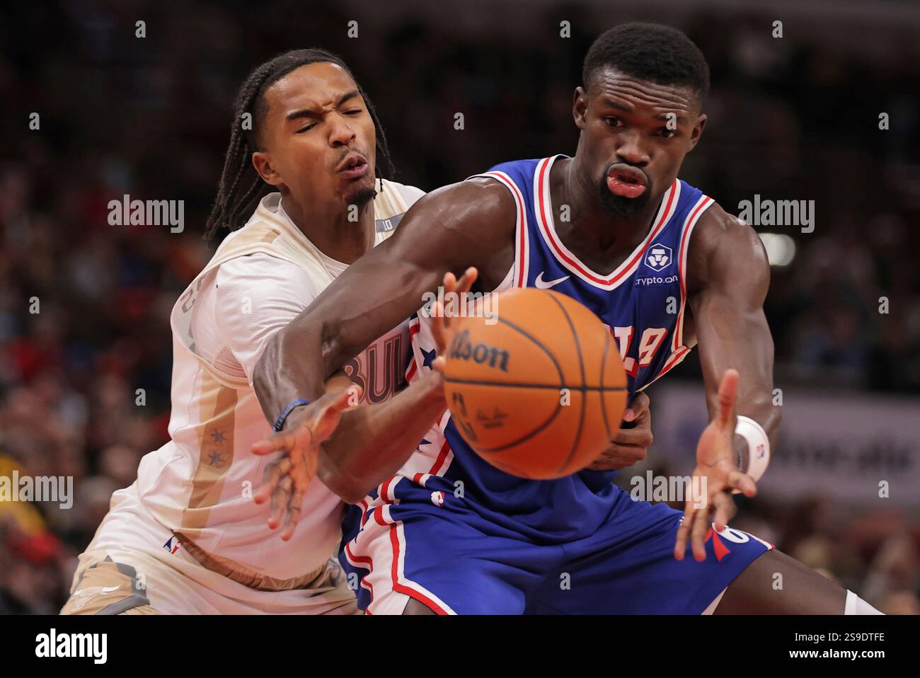 Chicago Bulls forward Julian Phillips, left, guards Philadelphia 76ers ...