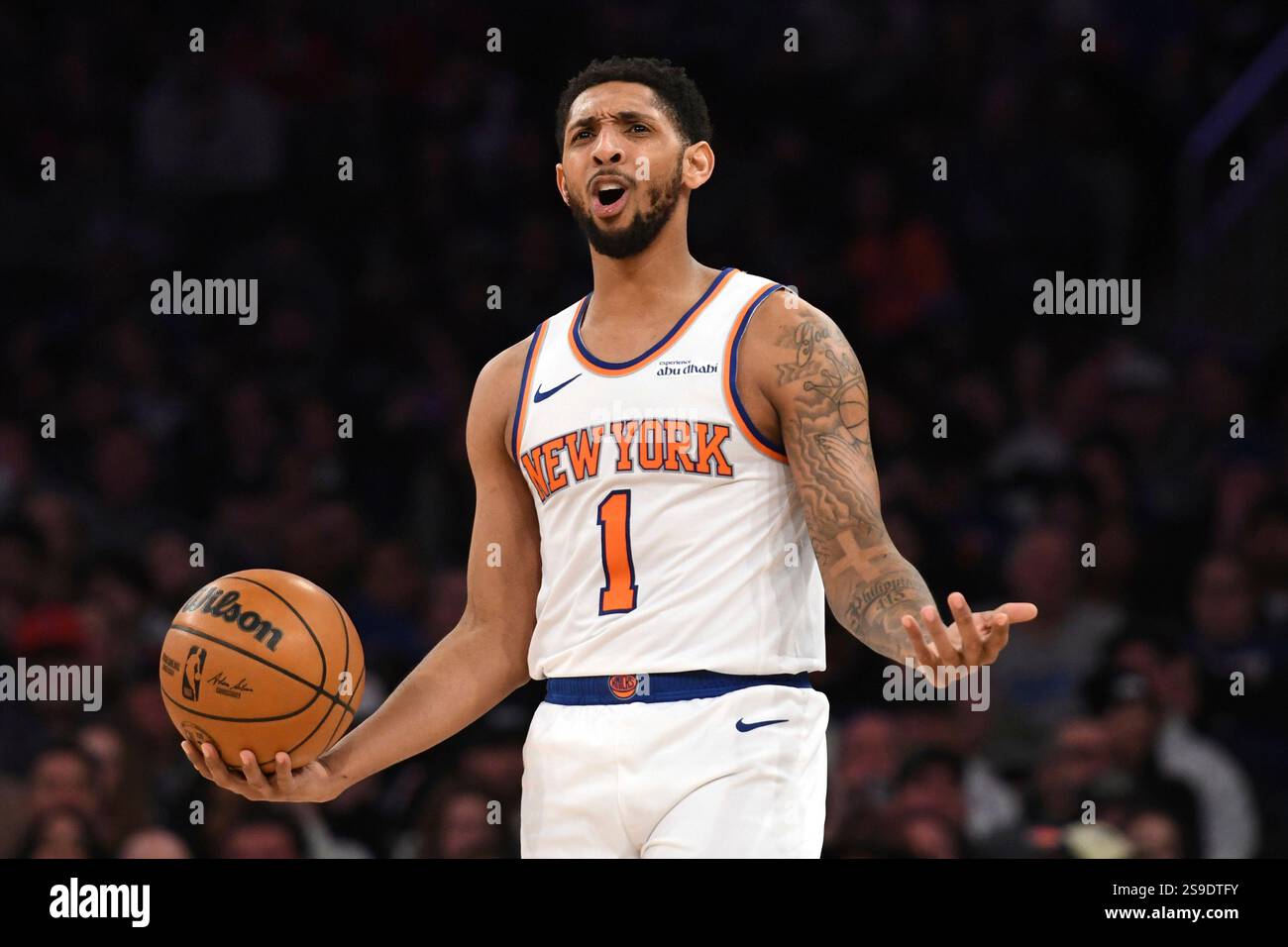 New York Knicks' Cameron Payne reacts after a foul was called on him ...