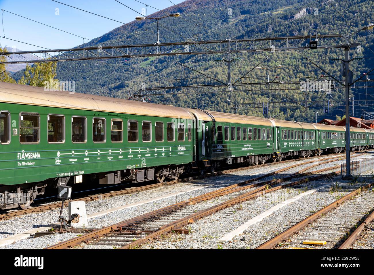 Flam village railway station with the Flam railway train preparing to depart for its journey to ...