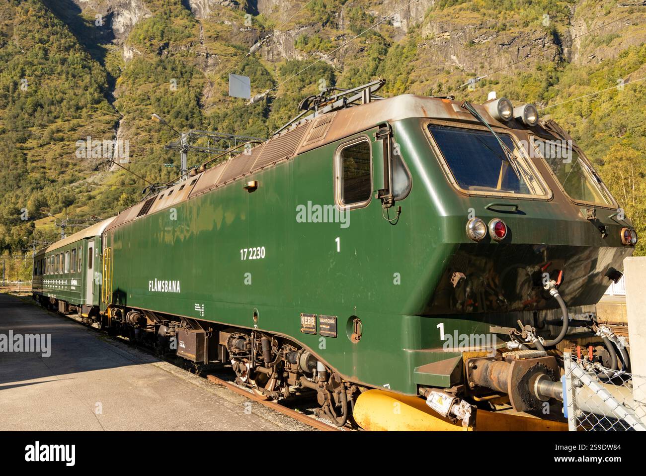 Flam village railway station with the Flam railway train preparing to ...