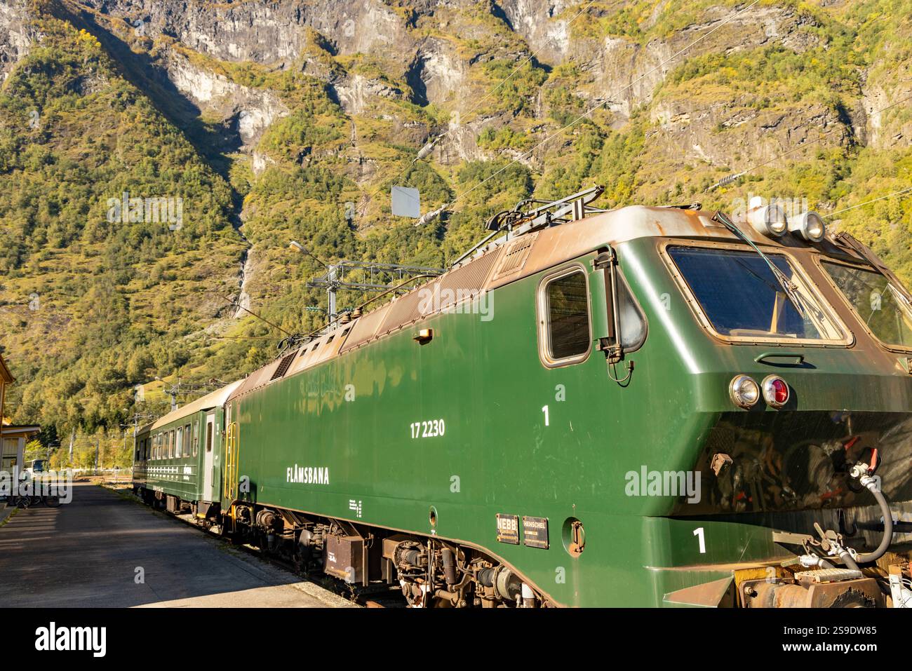 Flam village railway station with the Flam railway train preparing to ...