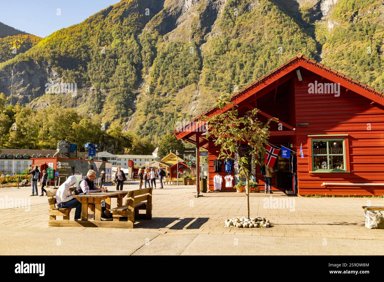 Flam village in south west Norway with red wooden shop stores buildings ...