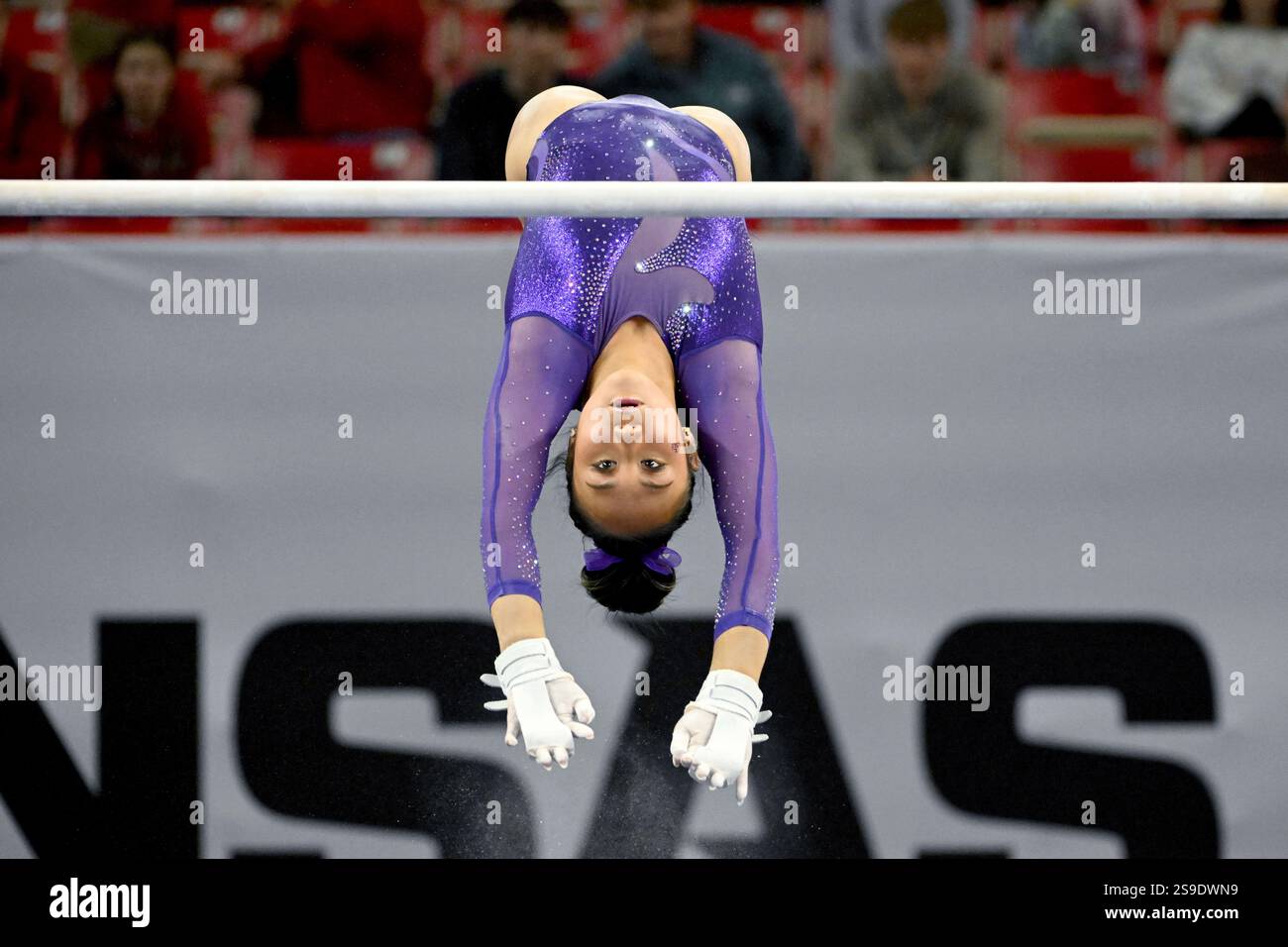 LSU gymnast Kailin Chio competes on the uneven bars against Arkansas ...