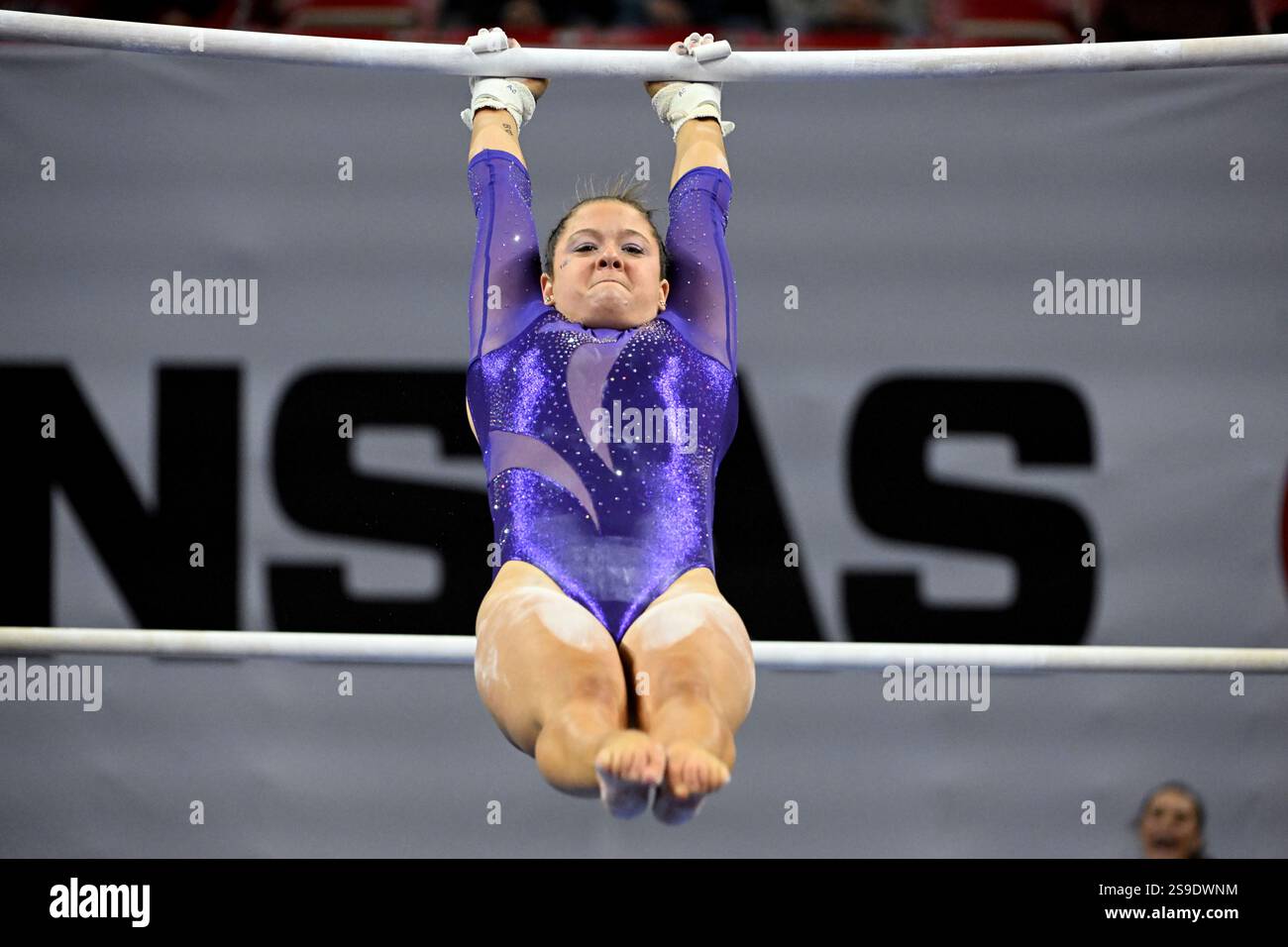 LSU gymnast Ashley Cowan competes on the uneven bars against Arkansas ...