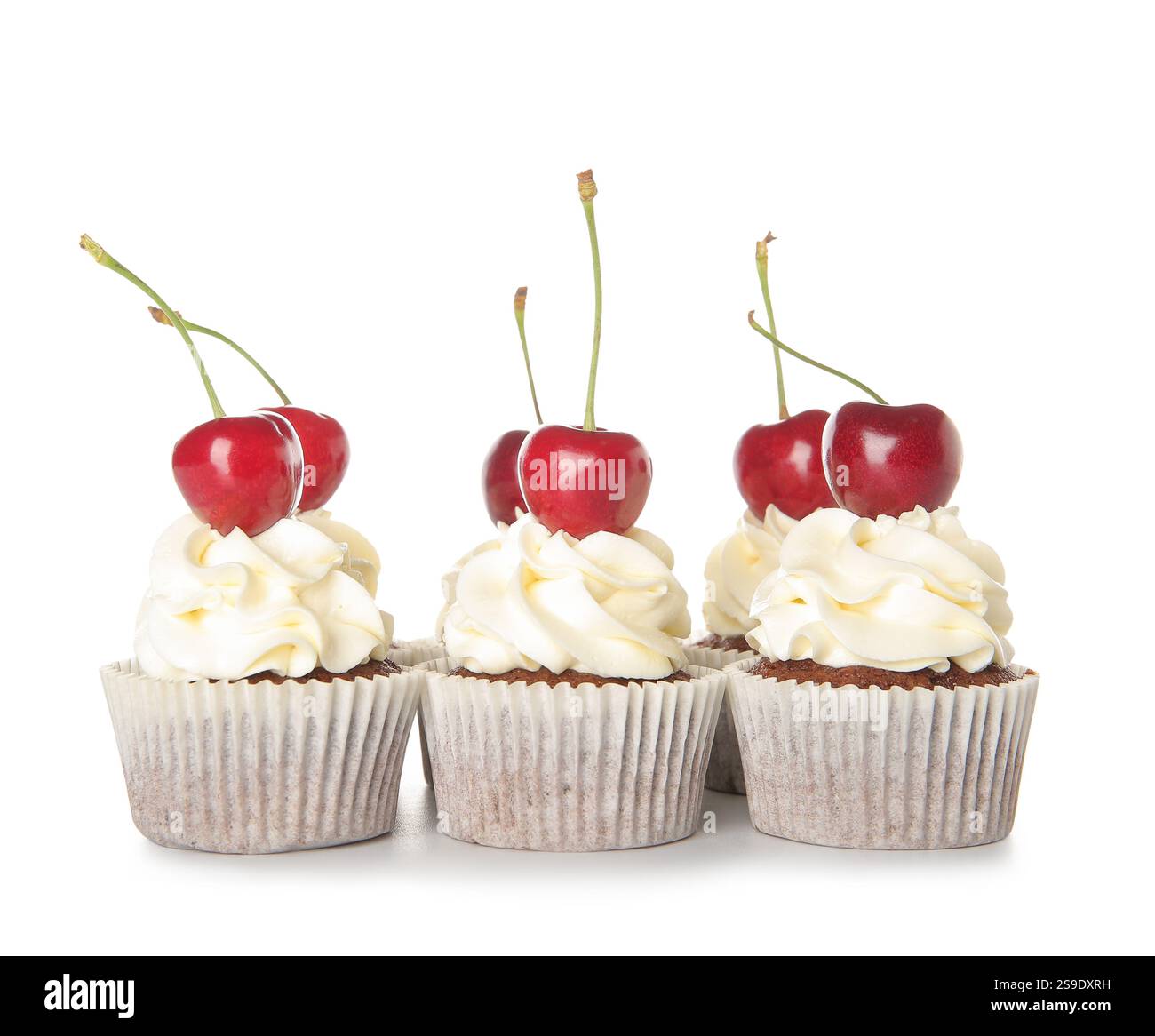 Tasty cherry cupcakes on white background Stock Photo - Alamy