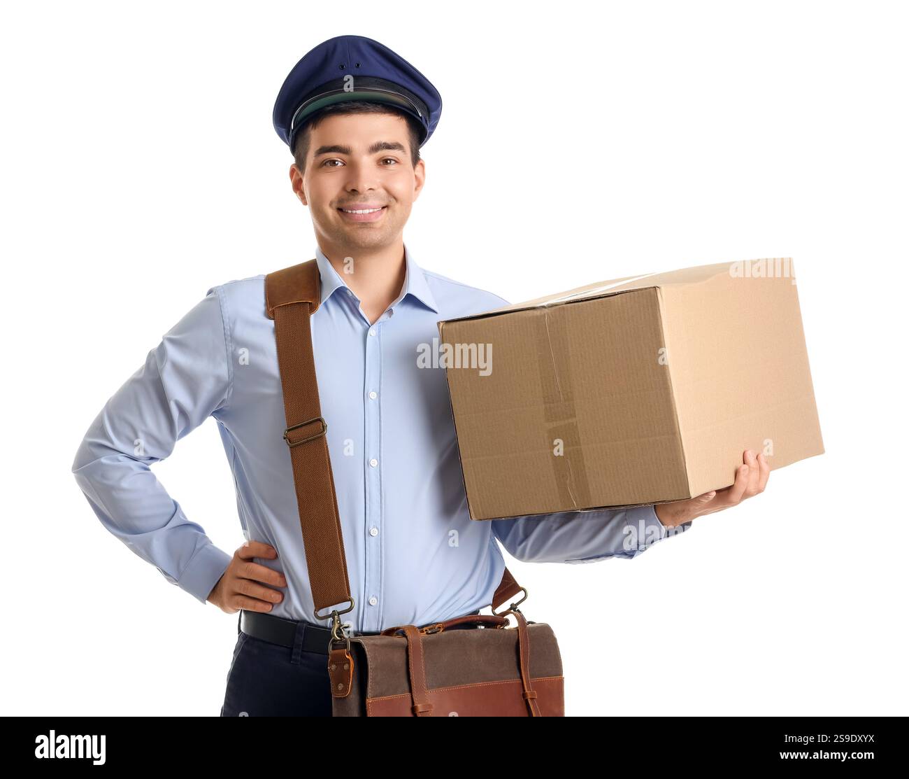 Young postman with parcel on white background Stock Photo - Alamy