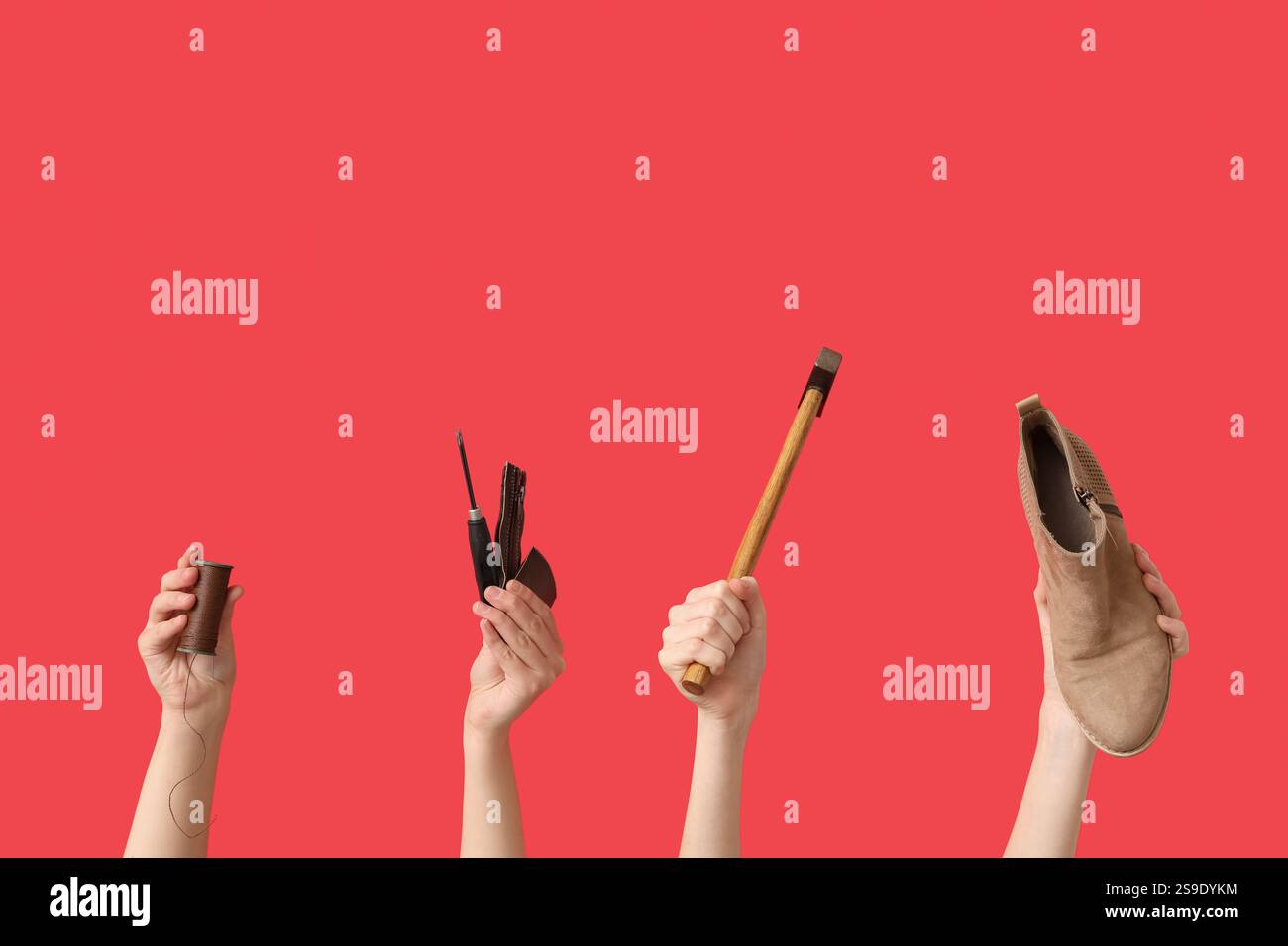 Female hands with shoe, hammer and craft tools on red background. Shoes ...