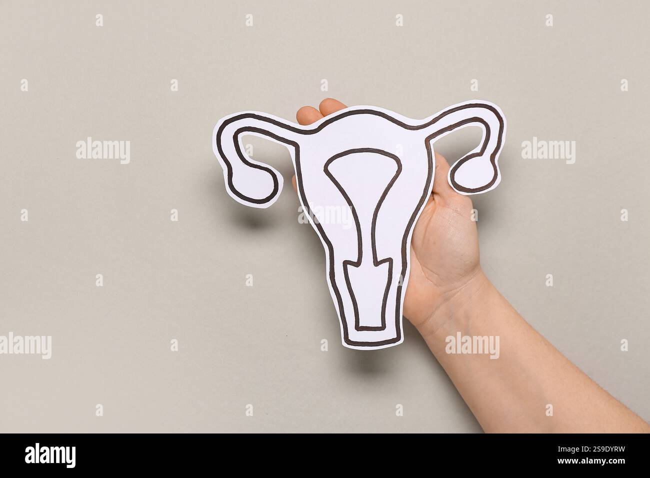 Female hand with paper uterus on grey background Stock Photo - Alamy