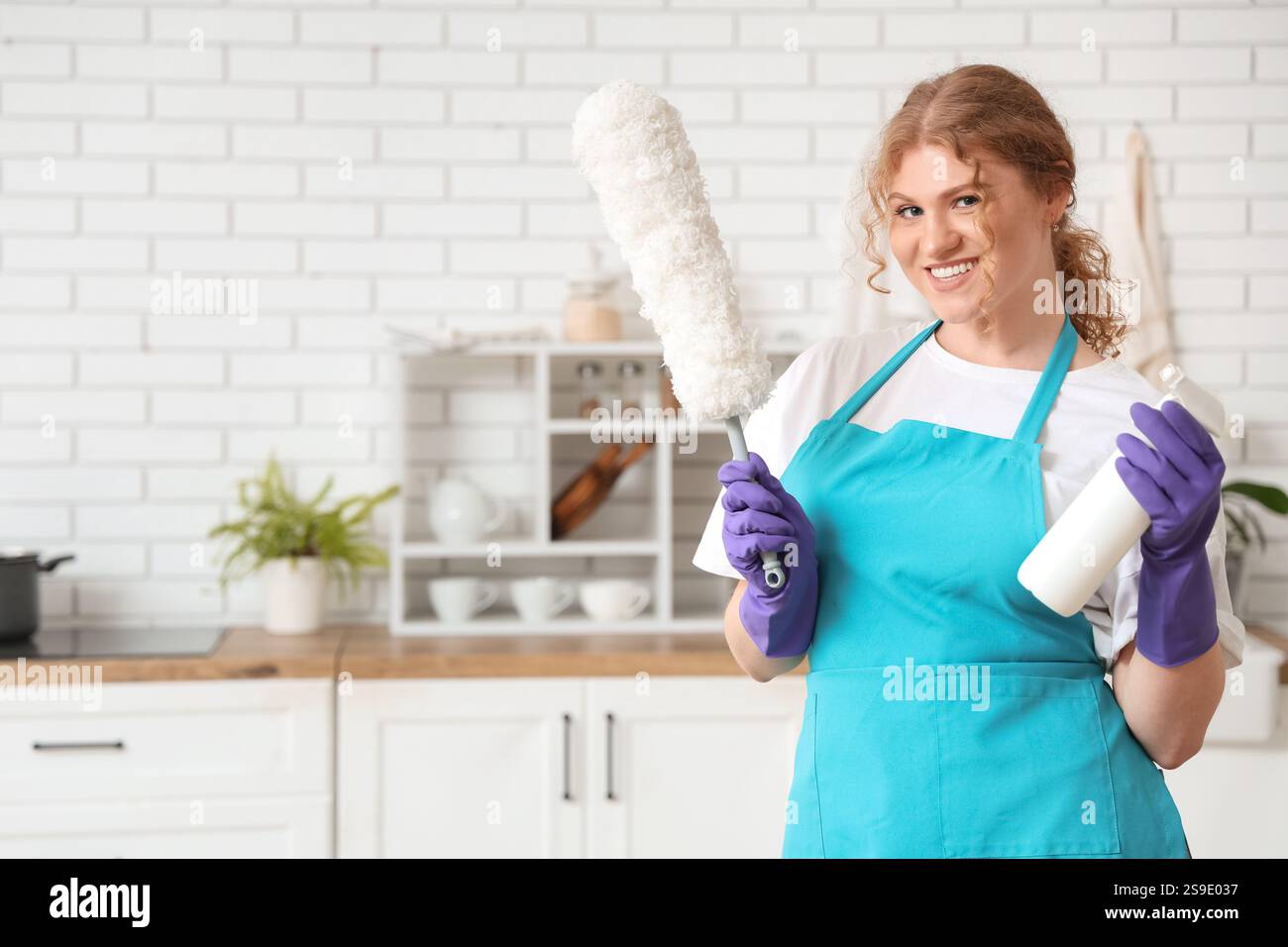 Female janitor with pp-duster and detergent in kitchen Stock Photo - Alamy
