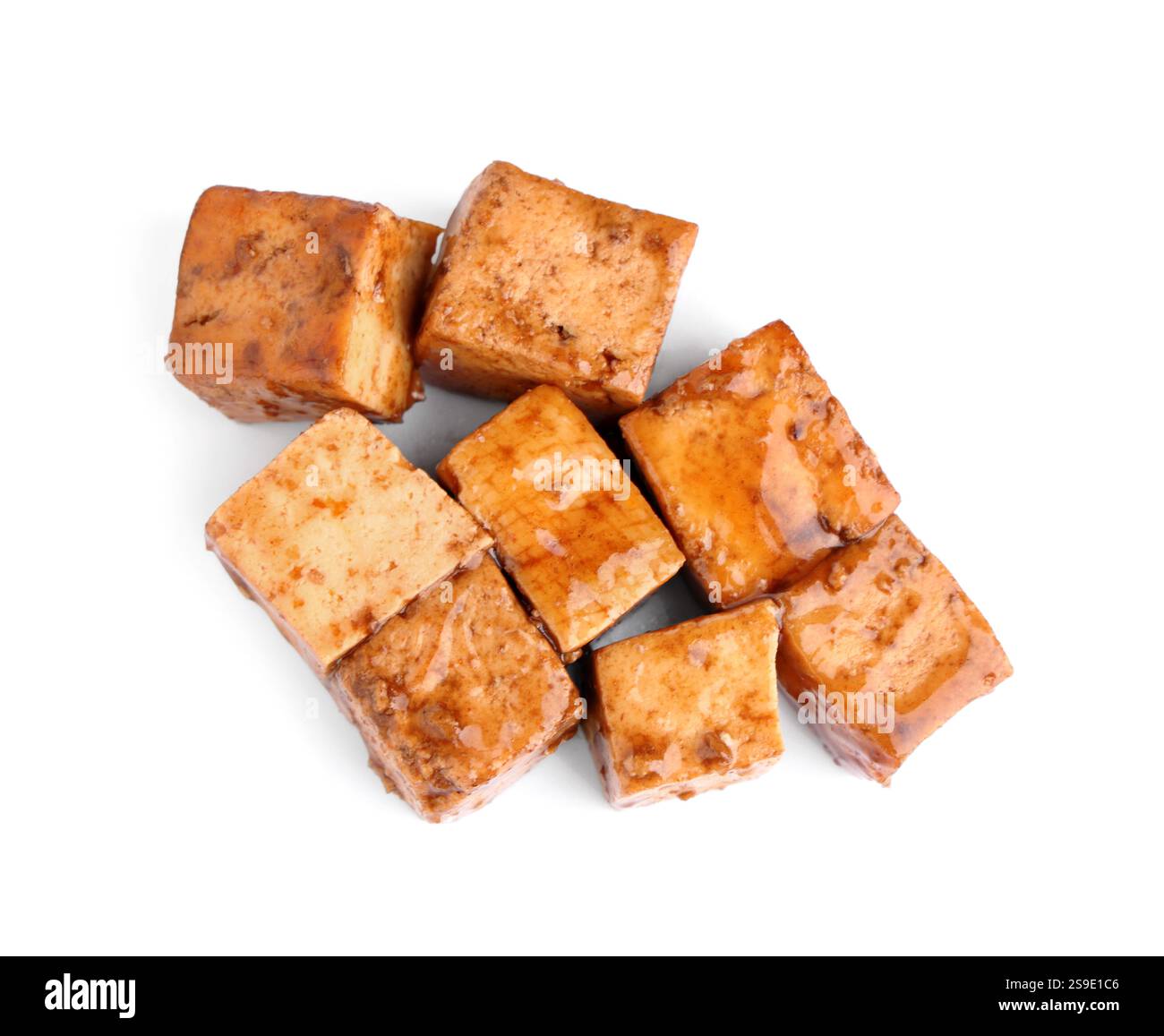 Pieces of fried tofu cheese with soy sauce on white background Stock ...