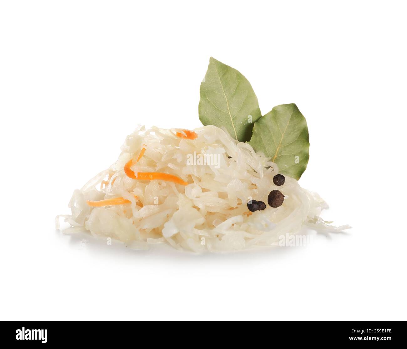 Tasty fermented cabbage with bay leaves and peppercorns on white ...