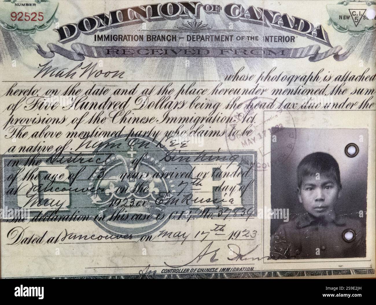 Historic Canadian immigration certificate from 1923 with attached ...