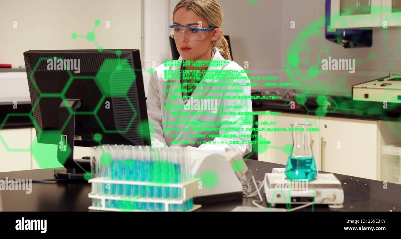 Scientist working in lab with chemical data processing image over ...