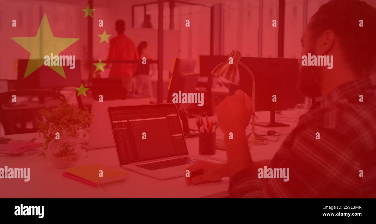 Chinese flag image over office workers using computers and ...