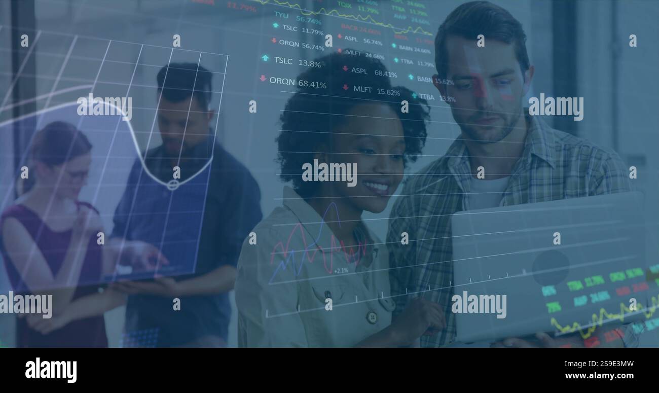 Financial data and stock market graphs image over diverse people using ...