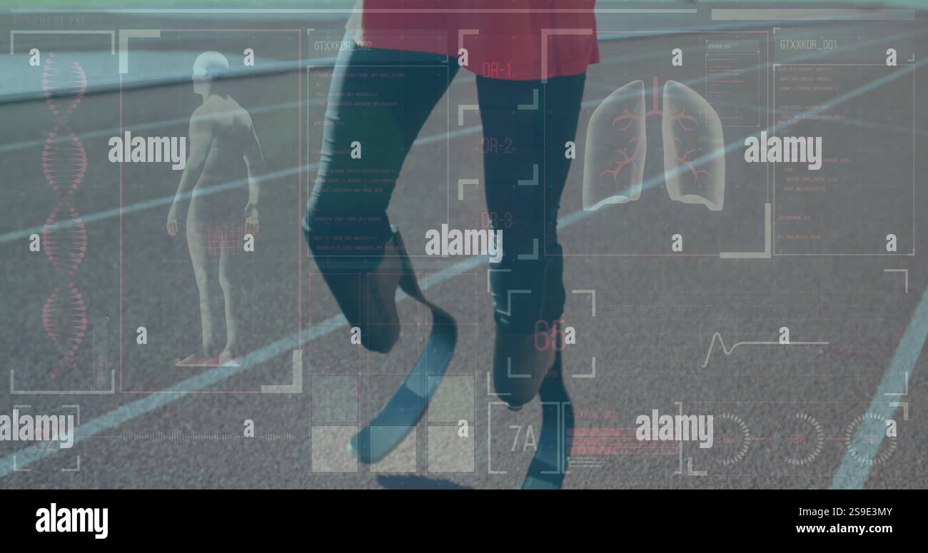 Medical data and health monitoring image over athlete on running track ...
