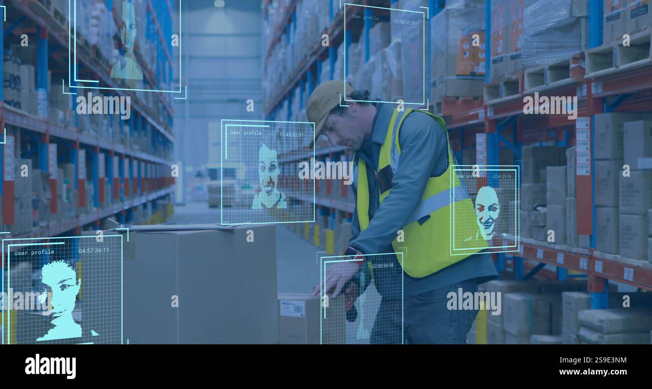 Facial recognition image over warehouse worker handling large box Stock ...