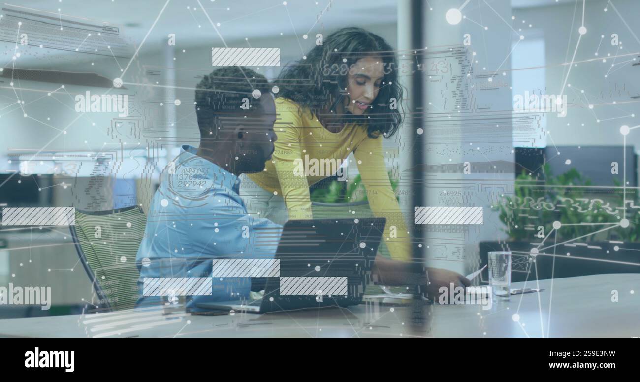 Digital interface and data analysis image over colleagues collaborating ...