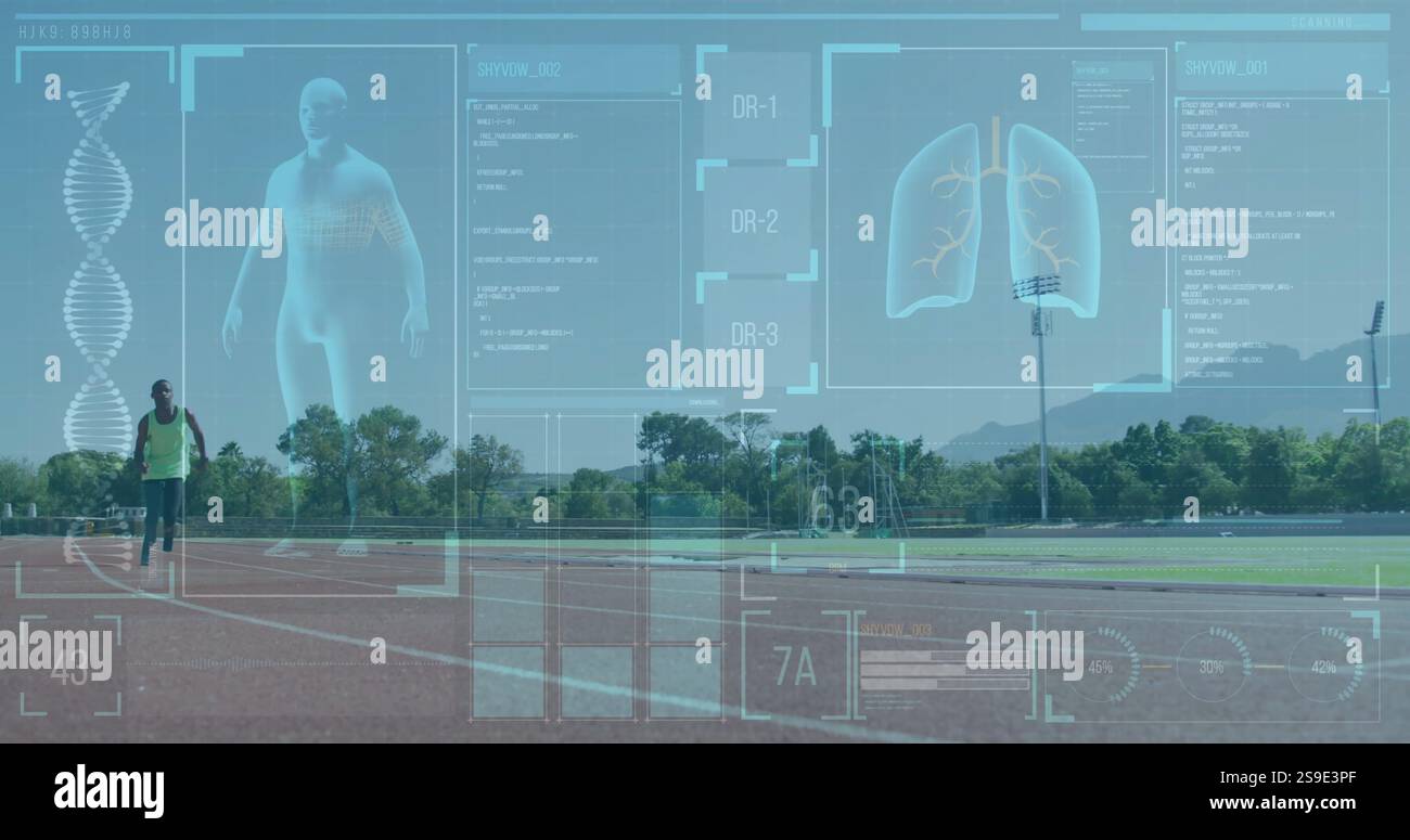 Medical data and human anatomy image over outdoor sports track ...