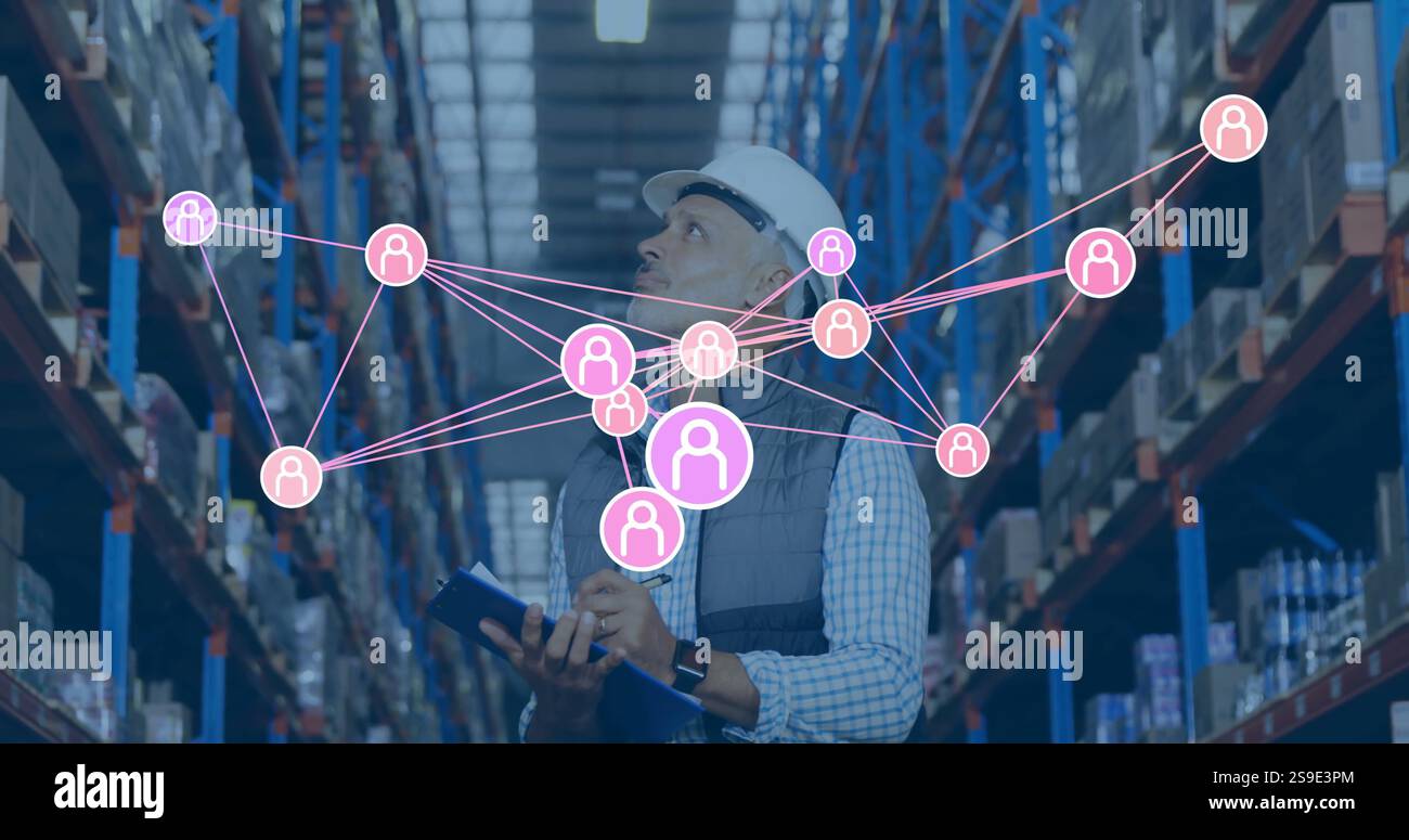 Network of connections image over warehouse worker inspecting inventory ...