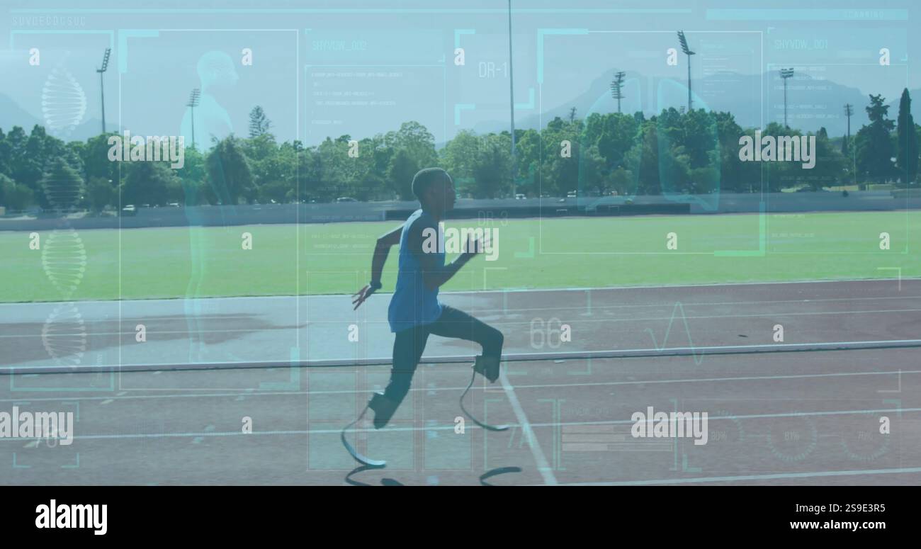 Running athlete on track with performance metrics image overlaid Stock ...
