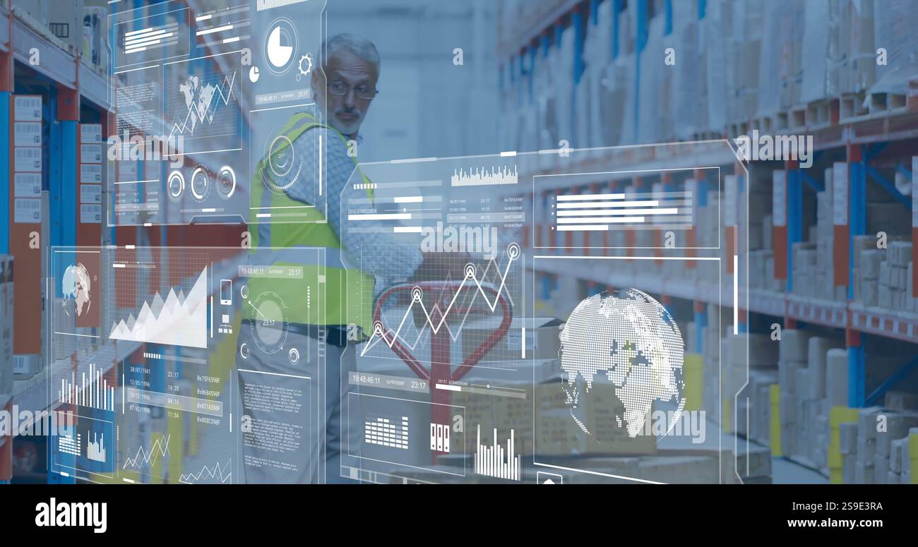 Warehouse worker using tablet, data analytics and logistics image over ...